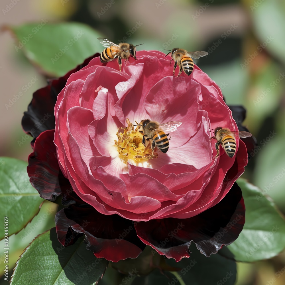 A vibrant rose bloom with bees gathering pollen, showcasing the beauty ...