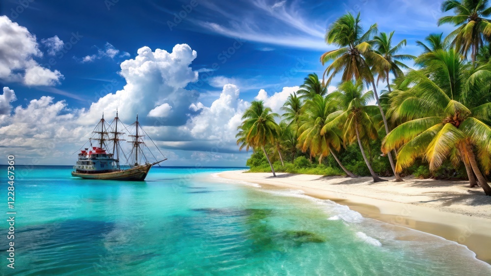 Palm tree-lined beach with crystal-clear turquoise waters and powdery ...