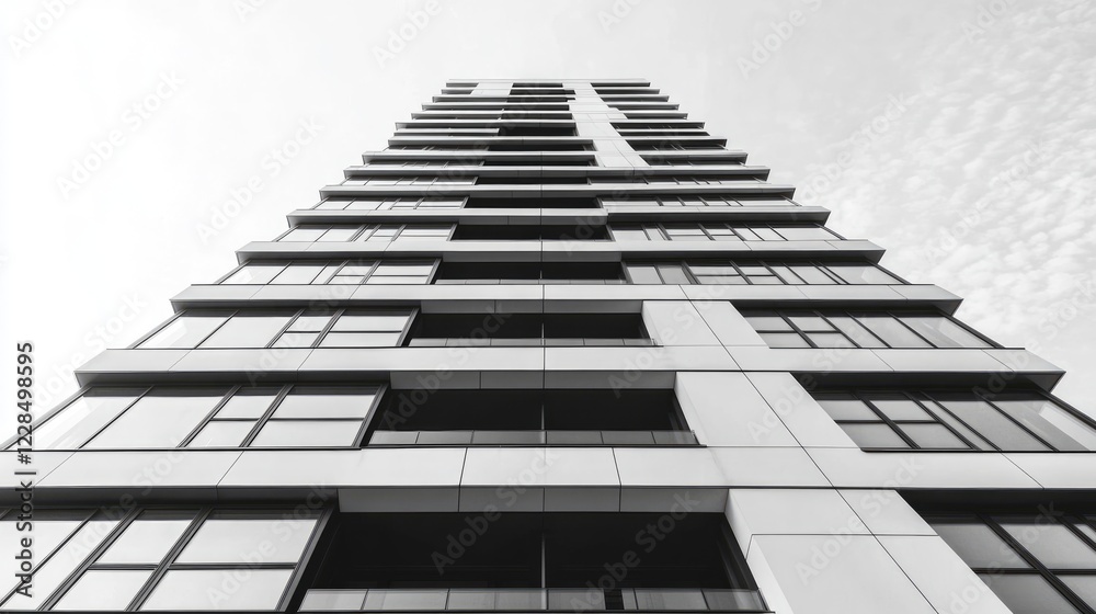 Black-and-white photo of a sleek skyscraper, sharp angles and bold ...