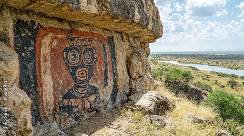 Ancient Rock Art Depicting a Figure in a Cliffside Setting Overlooking ...