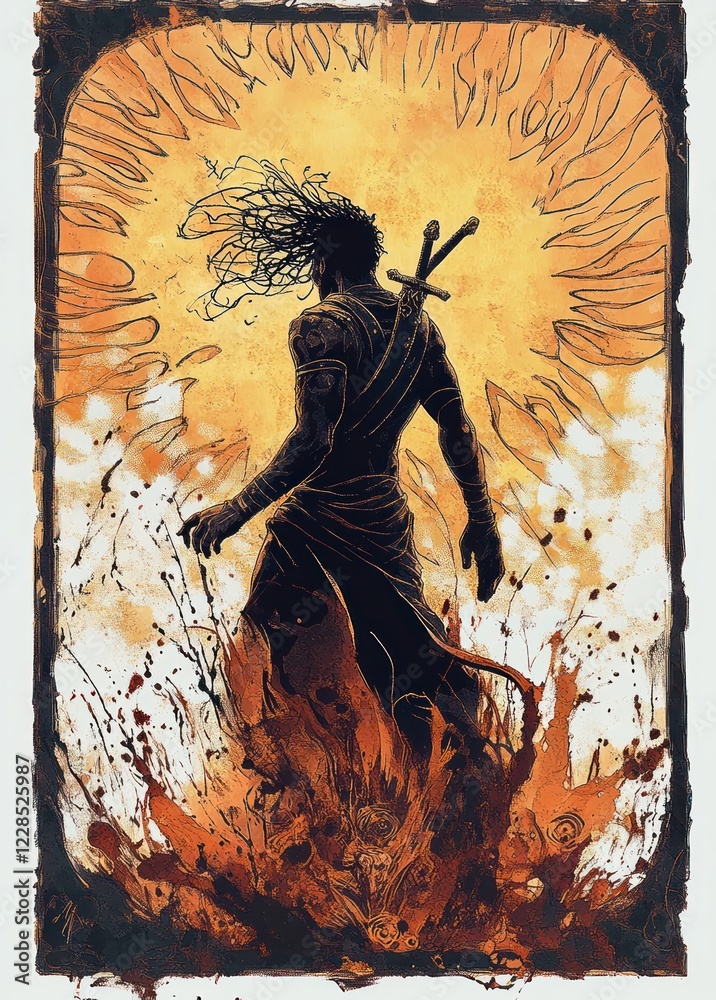 Epic Warrior Rising in Dramatic Fantasy Scene with Intense Lighting and ...