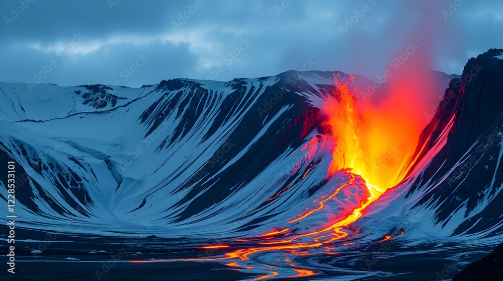 Stylized depiction of an ice volcano erupting using high contrast low ...