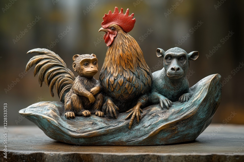 Whimsical Bronze Sculpture of Towering Animals Rooster Monkey Dog ...