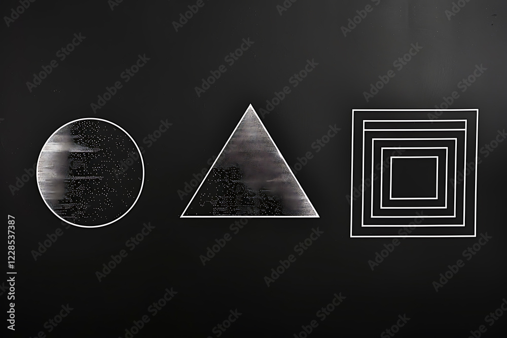 geometric shapes design, white-lined shapes on black backdrop from left ...