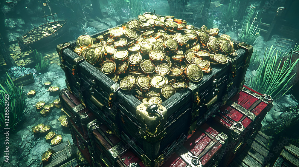 Underwater treasure chest, gold coins, ocean floor, sunken ship, game ...