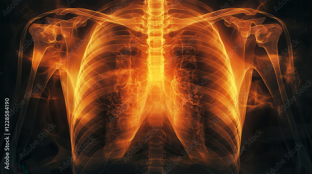 artistic representation of chest X ray with glowing elements ...