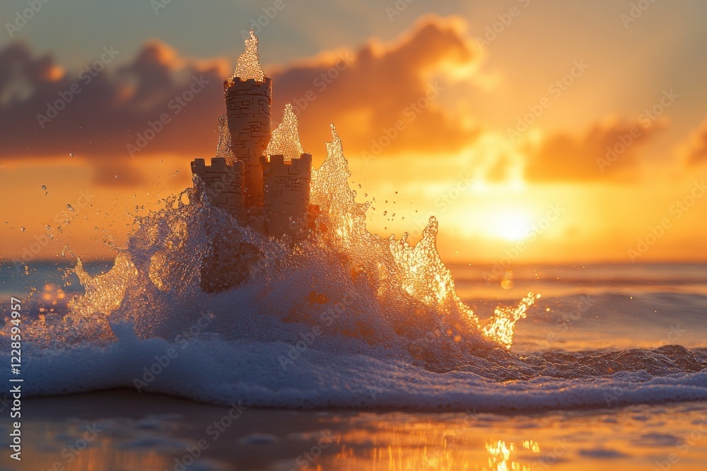 Sand castle being washed away with timing capture composition and ...