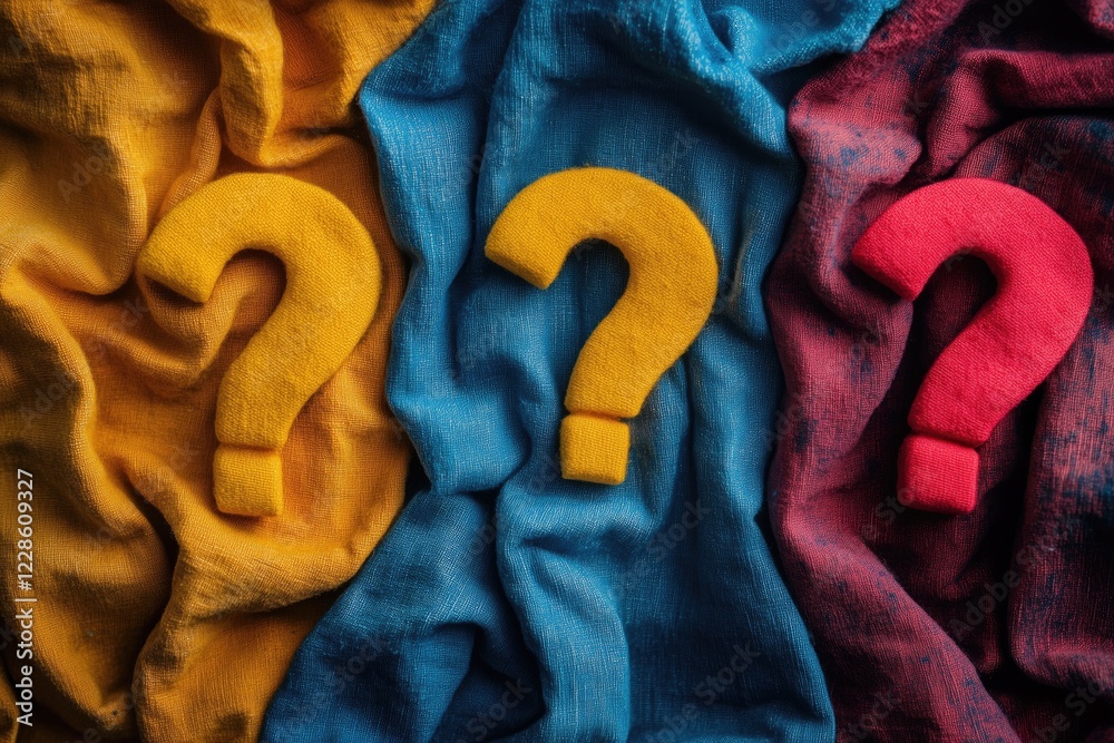 Fabric Question Marks on Blue, Yellow, and Red Textile Background, FAQ ...