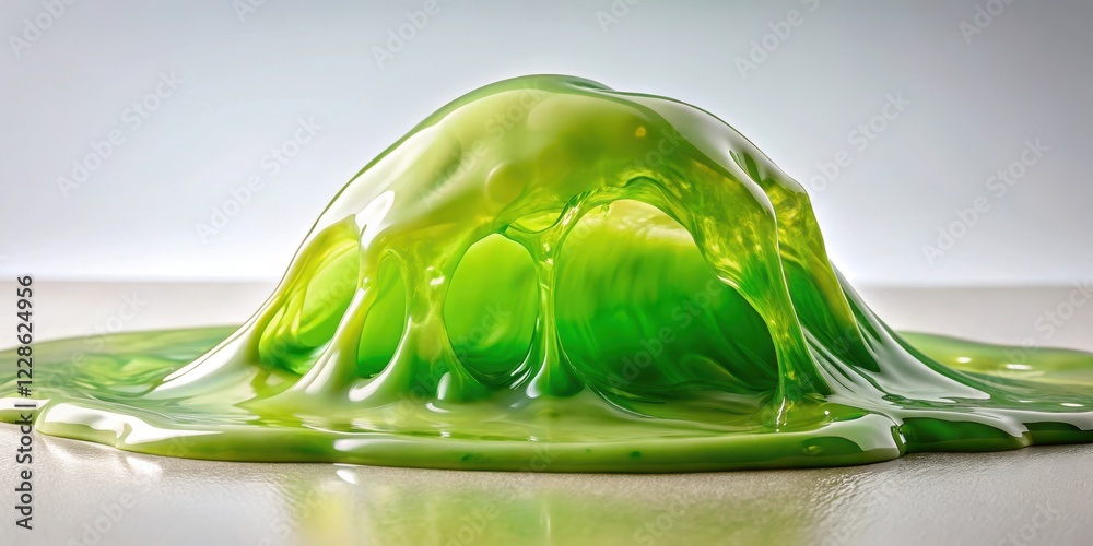 A gelatinous mass slowly flows across a smooth surface, leaving behind ...