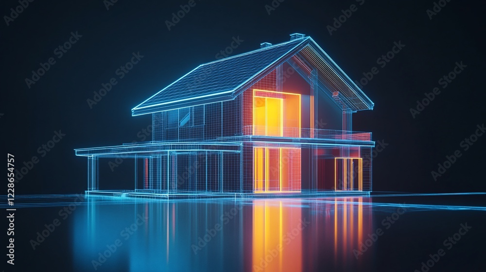 Architectural blueprint of a house depicted with blue wireframe and ...