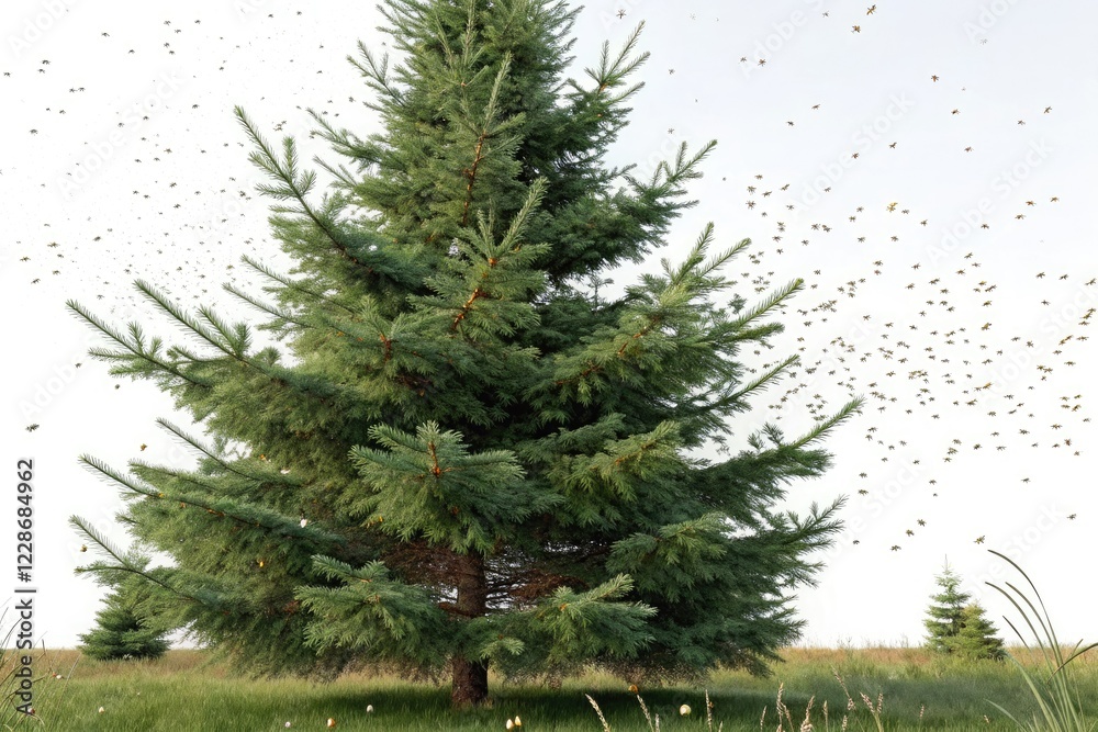 Heavy infestation of aphids on evergreen tree, tree health issues ...