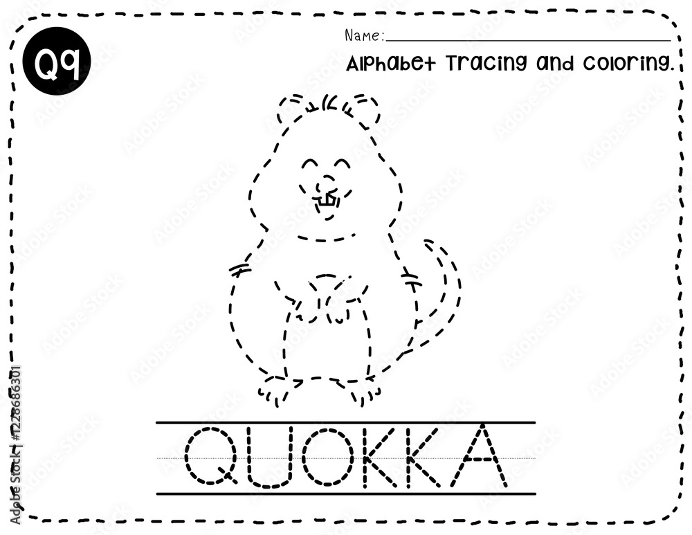 Quokka alphabet Q letter tracing, Animal trace and coloring pages for ...