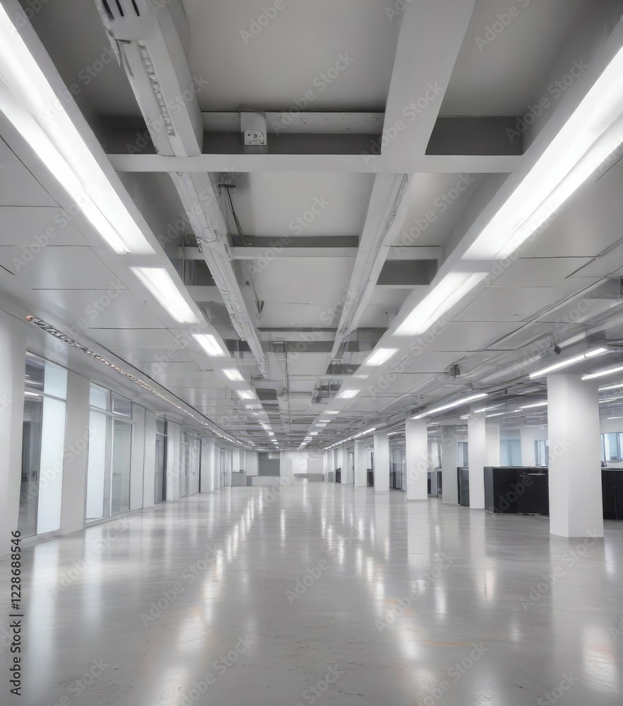 Modern white ceiling with ductwork vents and LED lights in an office ...