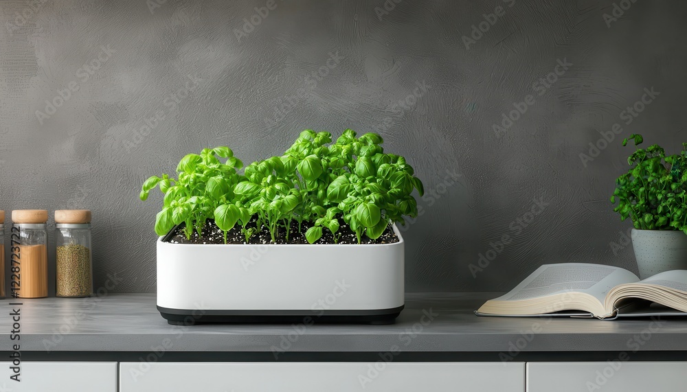 Hydroponics in a kitchen idea. Fresh herbs growing in a modern planter ...