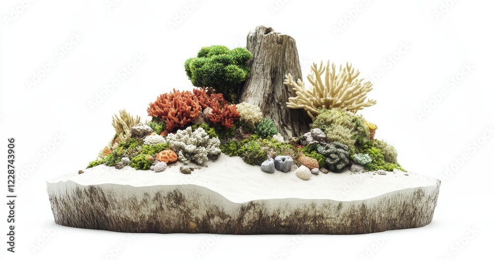 Miniature coral reef ecosystem diorama on a sandy base with driftwood ...