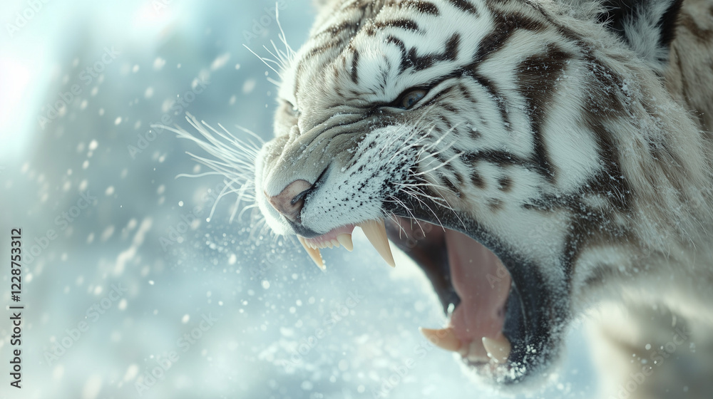 White Tiger Roar: A majestic white tiger with piercing blue eyes roars ...