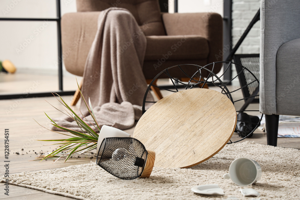 Overturned table with lamp and plant on carpet in messy room Stock ...