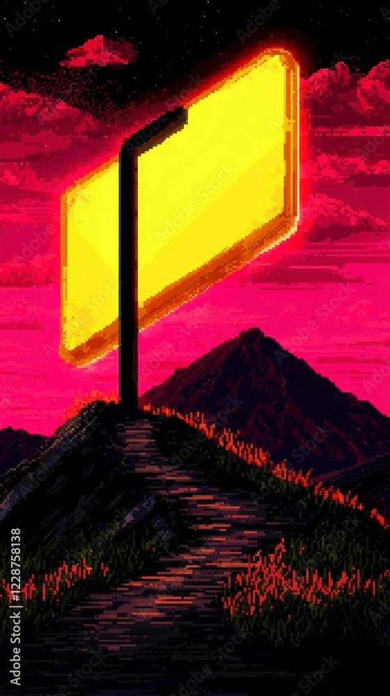 Pixel Art Game Background Retro Sunset Level Up Sign Stock Illustration ...