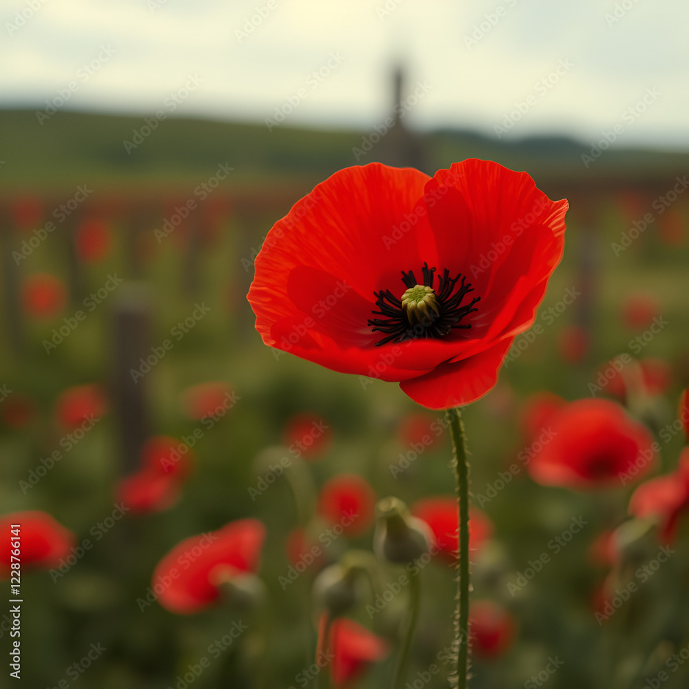 Vivid Close up of a Striking Red Poppy Flower Set Against a Blurred ...