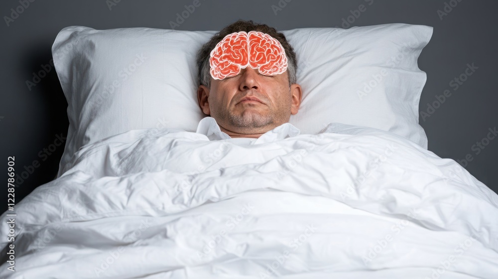 Man in Bed with Brain Illustration, Concept of Stress, Sleep ...