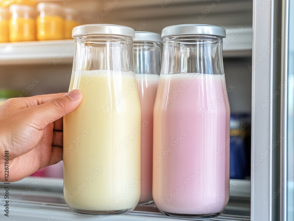 Hand Reaching for Fresh Bottles of Milk in a Refrigerator Displaying ...