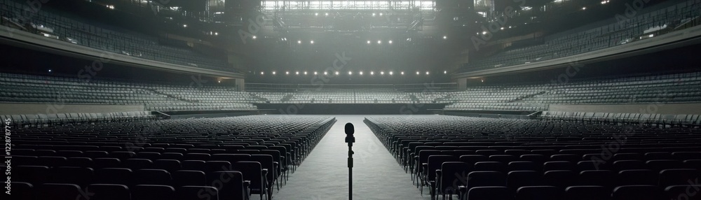 Empty concert hall showing a microphone on a stage with rows of seats ...