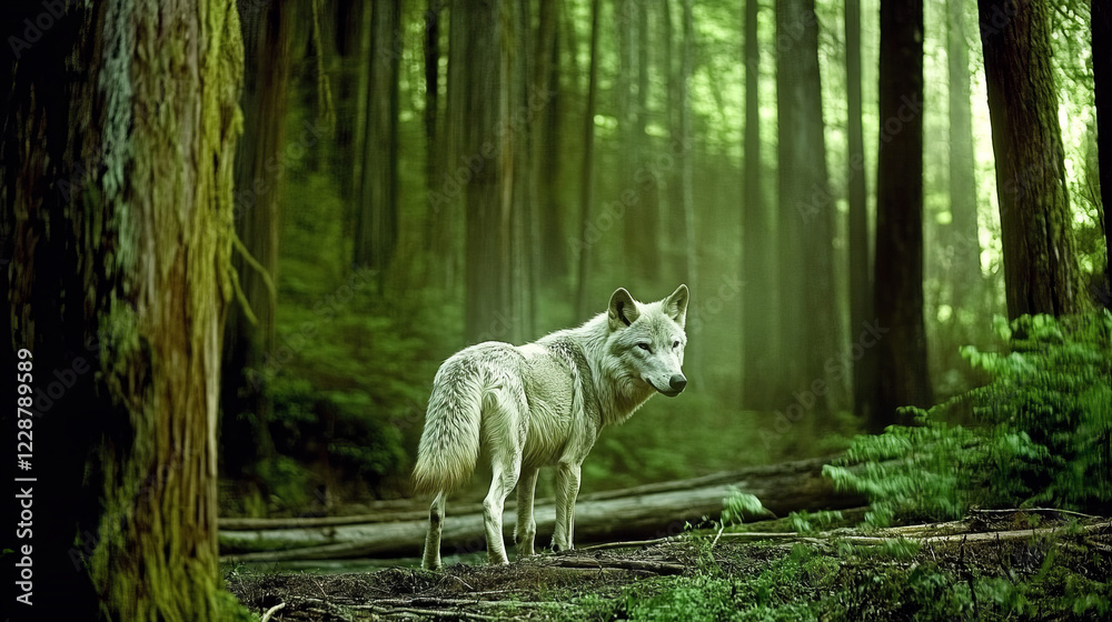 mystical white wolf captured in lush green forest habitat: striking ...