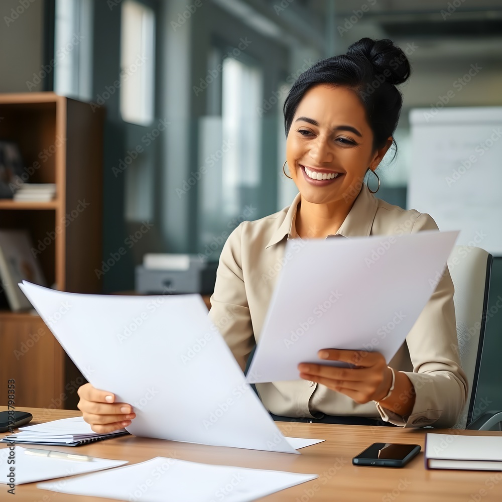 Mujer hispana sentada en el escritorio de la oficina revisando ...