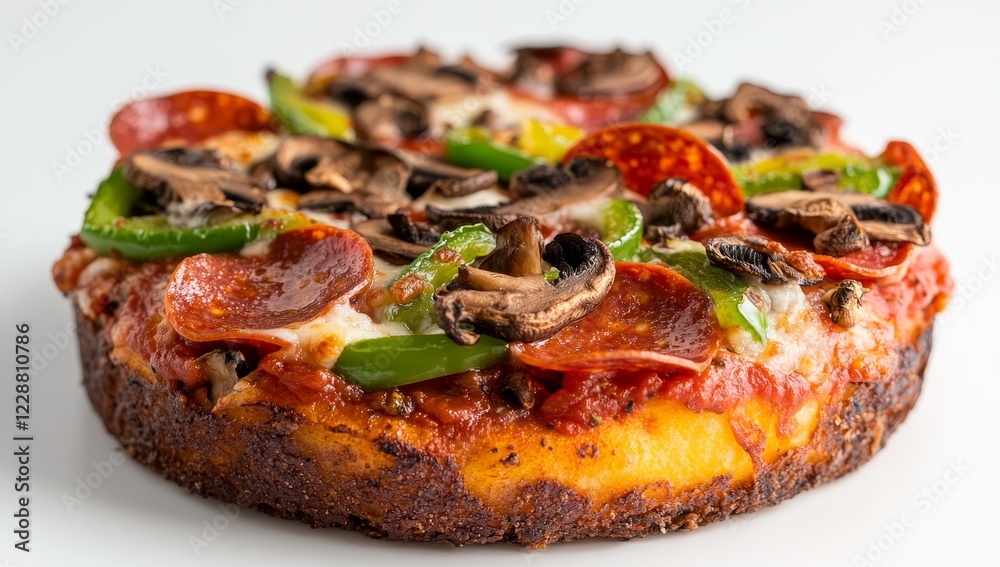 Delicious deep-dish pizza with pepperoni, mushrooms, and green bell peppers. Stock Photo | Adobe ...