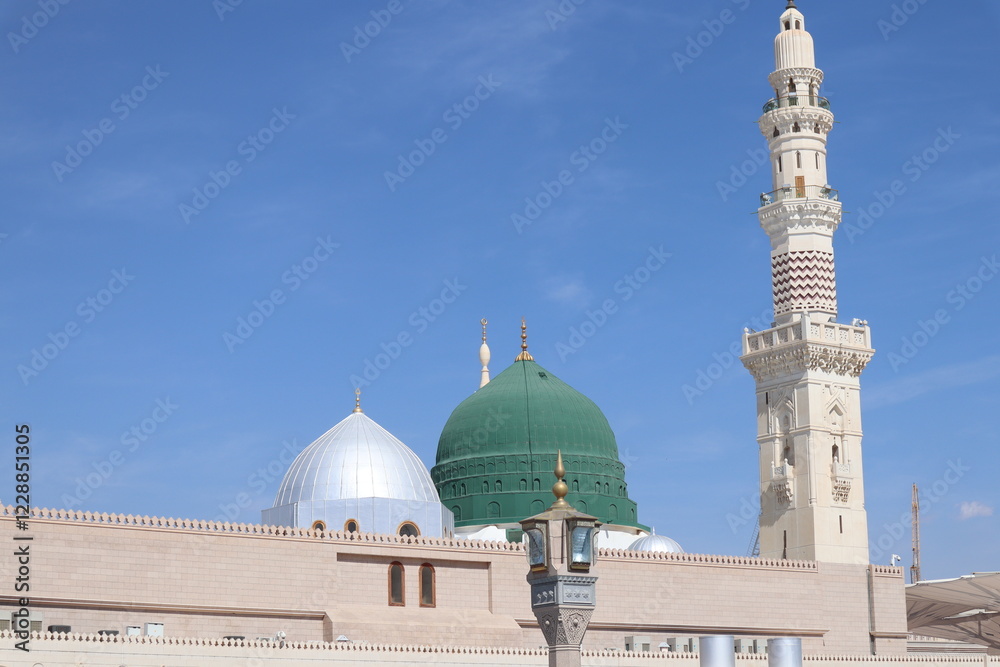 The famous Green Dome and minarets of the Holy Prophet's Mosque or ...