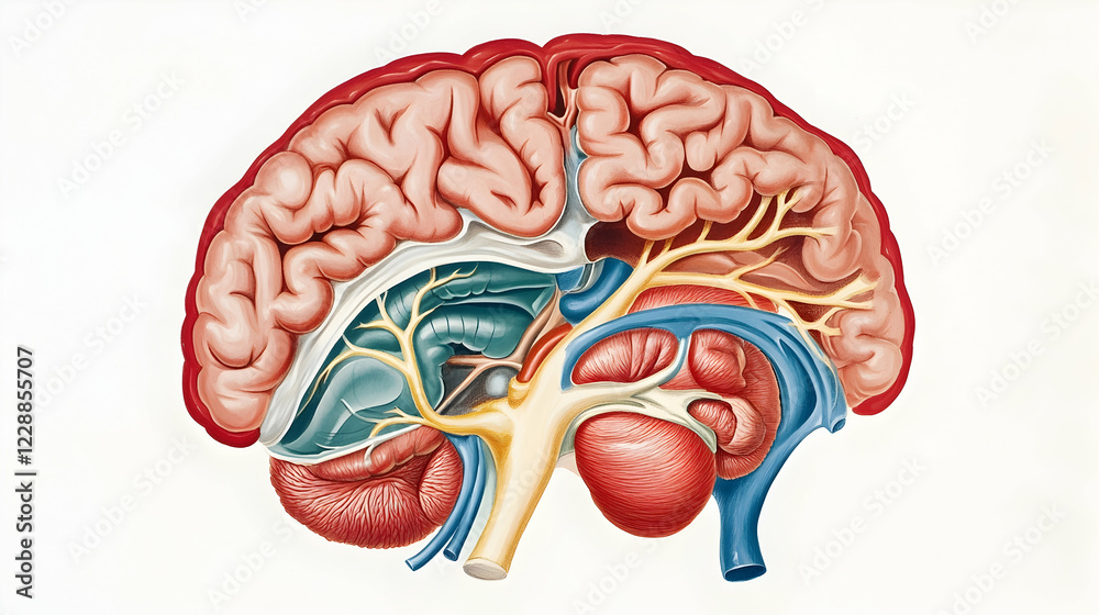 Human brain sagittal section, detailed anatomy, medical illustration ...