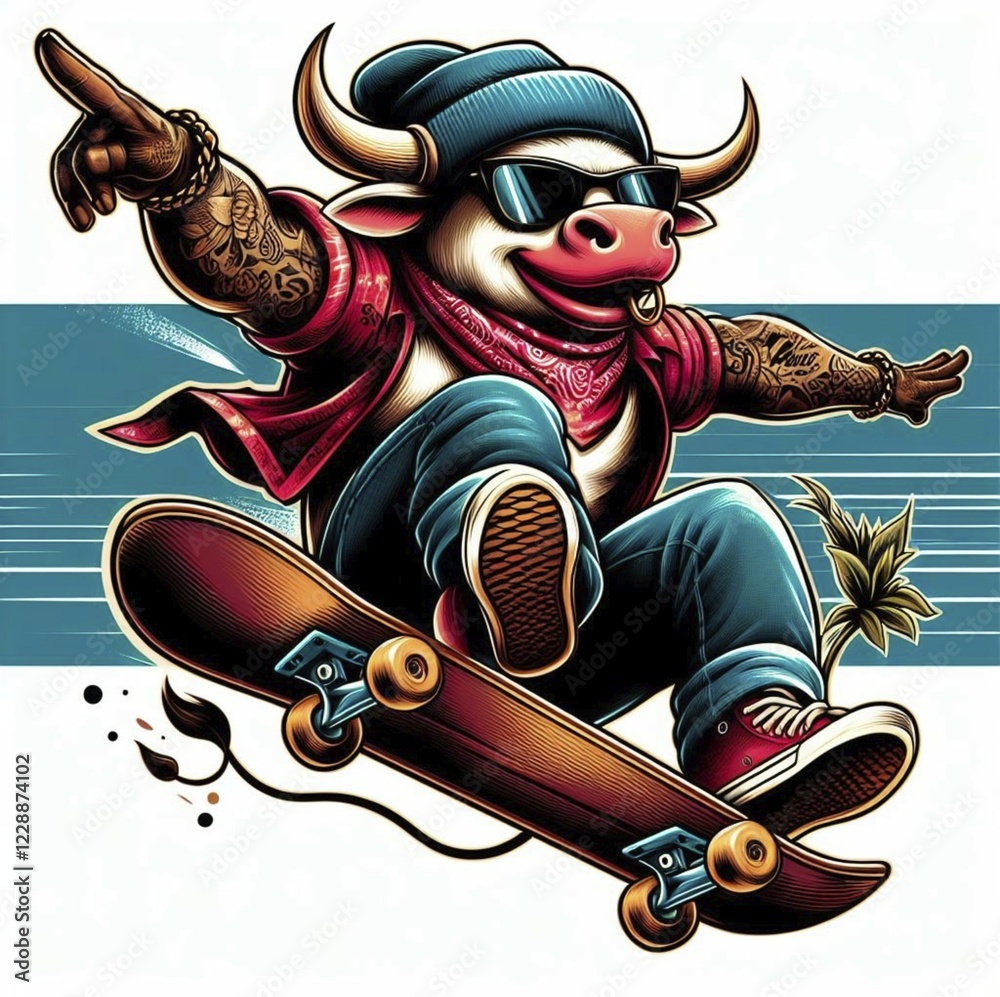 Cool gangster tatooed bull cow with horns flip ride skateboard ...