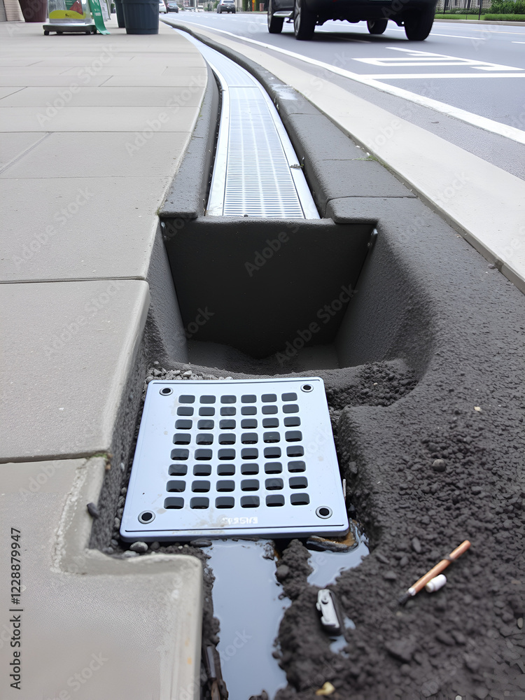 Trench drain with plastic grate installed on sidewalk, flood prevention ...