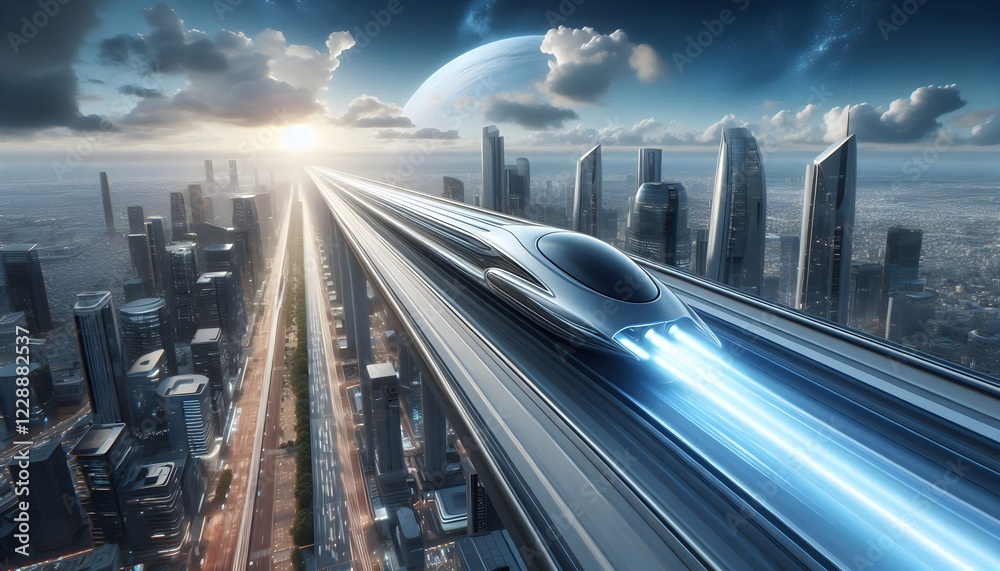 A futuristic hyperloop transport system with sleek aerodynamic design ...