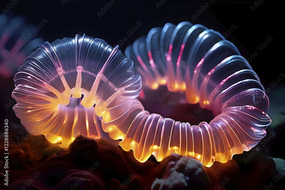 Bristle worms bioluminescent bodies floating in deep ocean, AI ...