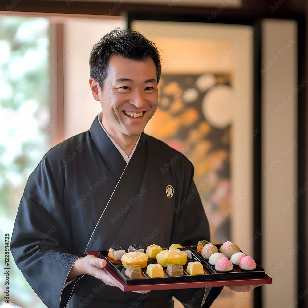 Traditional Japanese waiter in kimono holding a tray of colorful ...