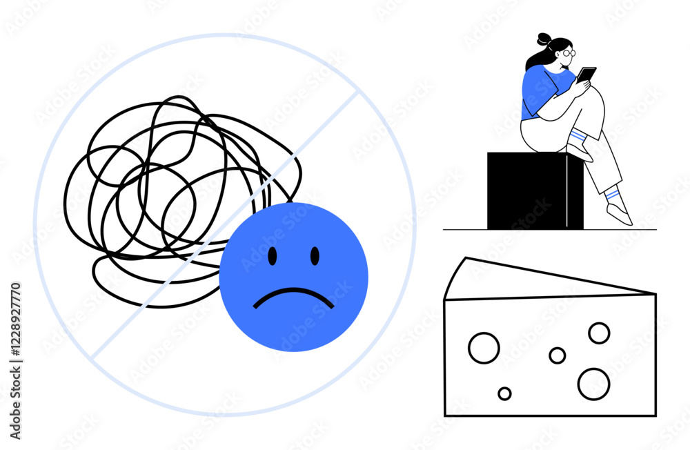 Sad face in blue circle with tangled lines crossed out, person with ...