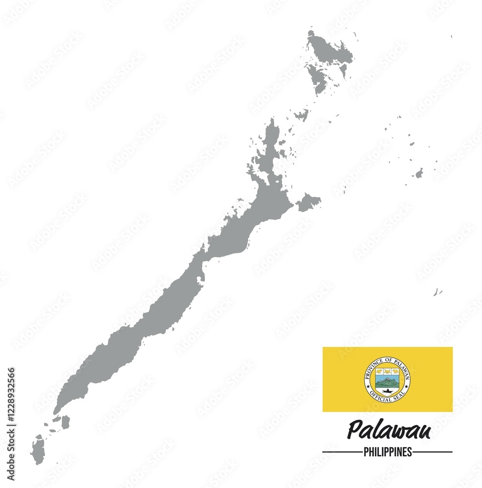 Gray silhouette map of the Philippine island of Palawan with flag Stock ...