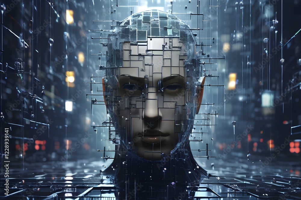 Surrealistic digital portrait of a fractured transparent head ...