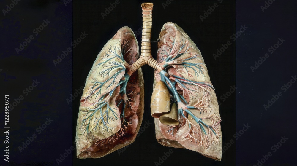 Realistic anatomical model of human lungs with visible veins and ...