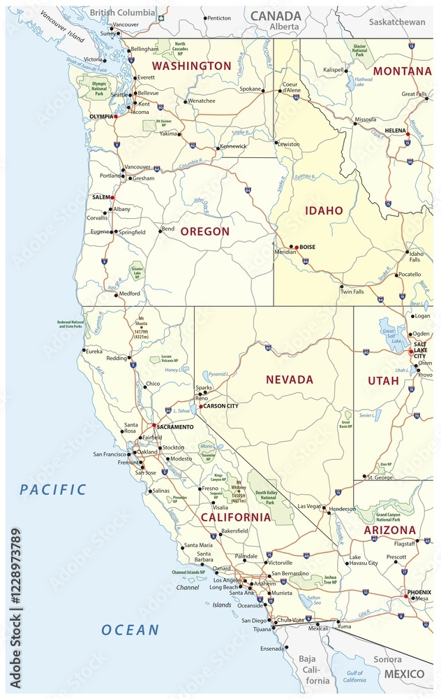 Roads, political and administrative map of the Western United States of ...