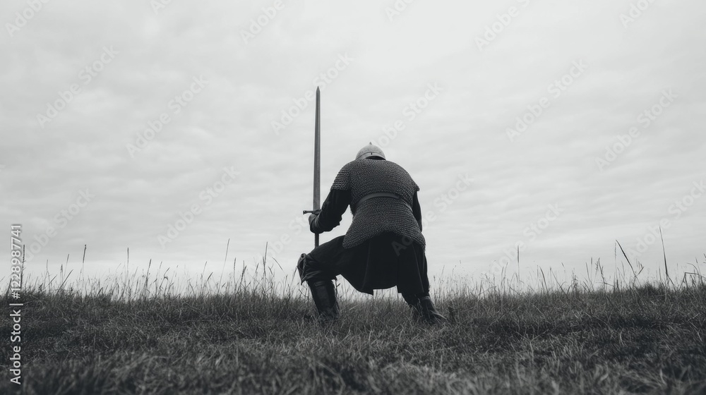 Medieval knight kneeling, holding sword, back view, monochrome. Stock ...