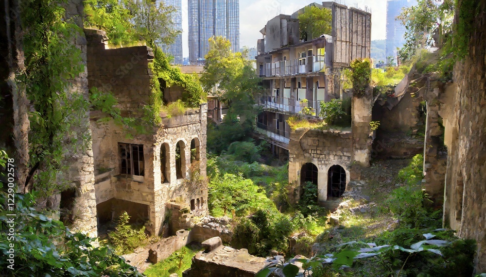 Symbolic image. Climate change, global warming, ruins of houses ...