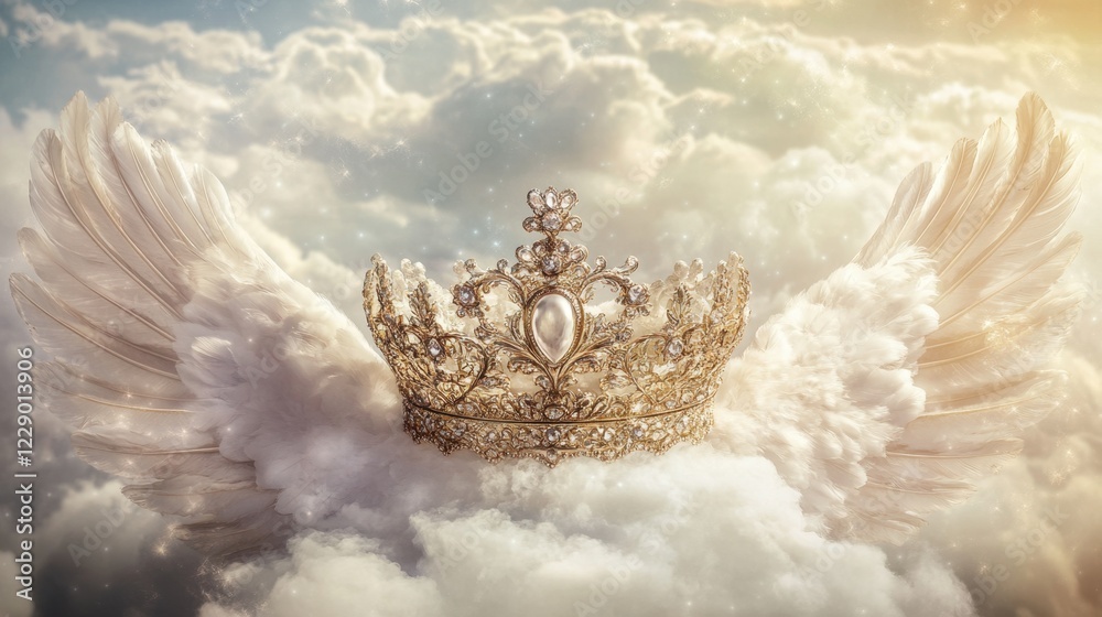 Anime-style divine crown, floating among angel wings in a sacred realm ...