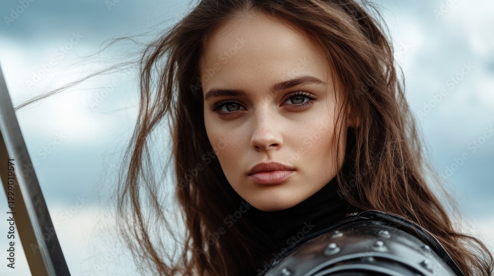Strong woman in leather armor stands confidently on a cliff with ...
