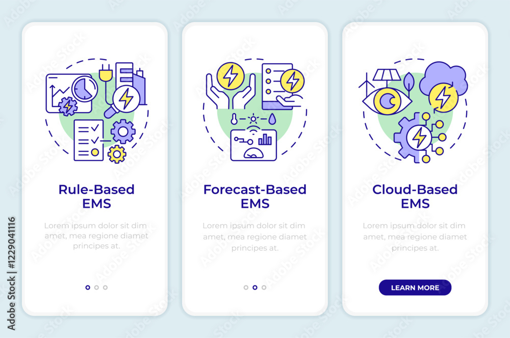 EMS system types onboarding mobile app screen. Walkthrough 3 steps editable graphic instructions ...