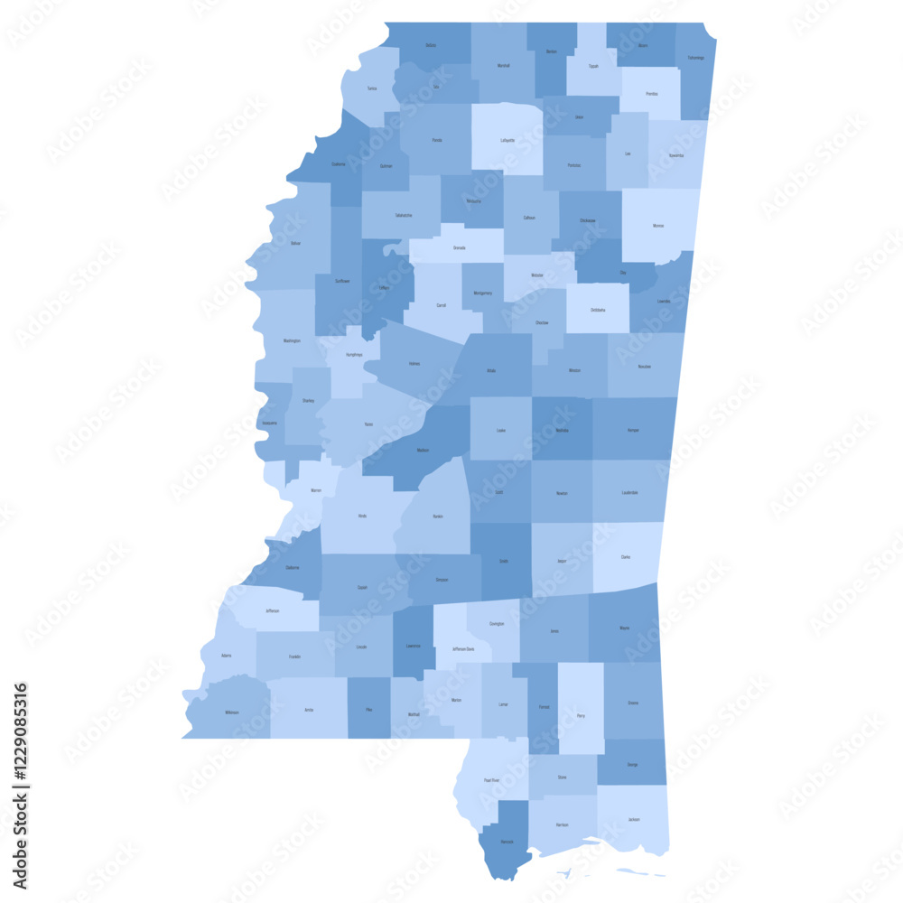 Mississippi, MS - detailed political map of US state. Administrative ...