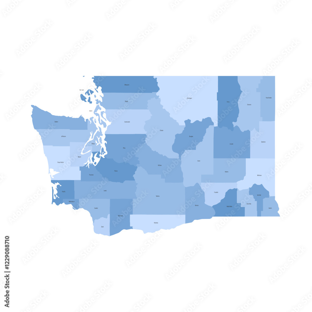 Washington, WA - detailed political map of US state. Administrative map divided into counties ...