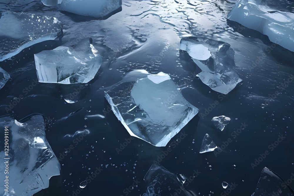 Ice chunks floating in dark oil slicked water showing the impact of oil ...