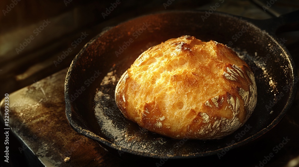 Golden-brown artisan bread in cast iron skillet. の Stock イラスト | Adobe Stock
